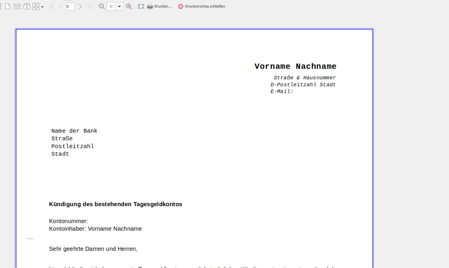 Mustervorlage: Tagesgeldkonto kündigen - Musterschreiben zur Tagesgeld ...
